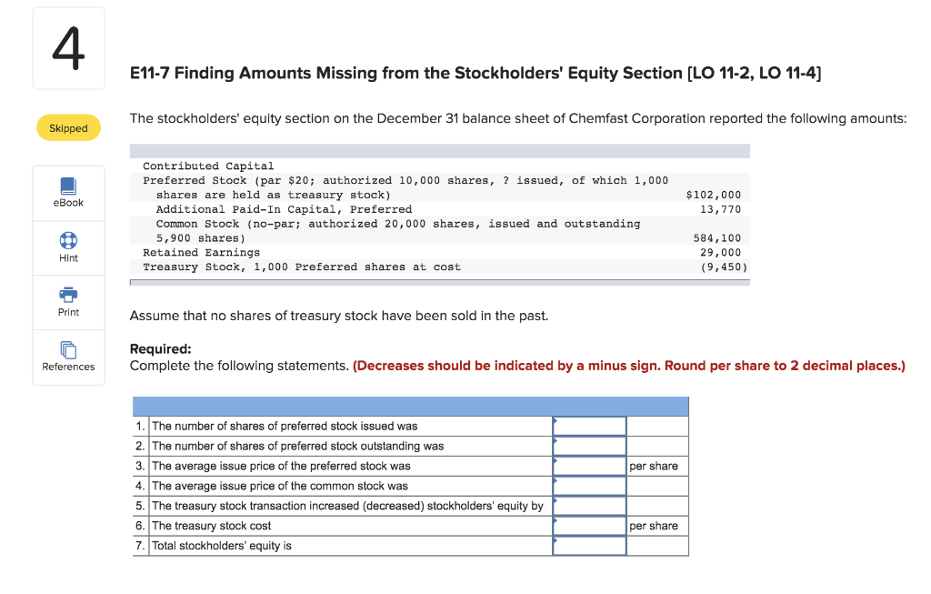 Solved E11-7 Finding Amounts Missing from the Stockholders' | Chegg.com