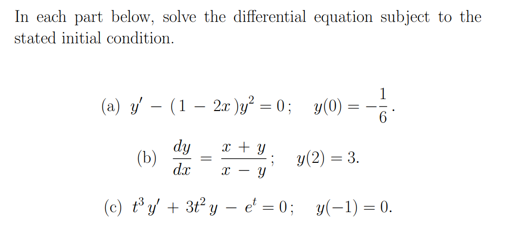 Solved In each part below, solve the differential equation | Chegg.com