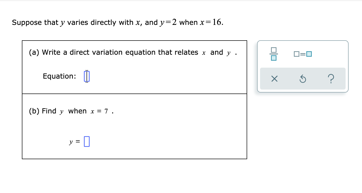 Solved Suppose that y varies directly with x, and y=2 when | Chegg.com