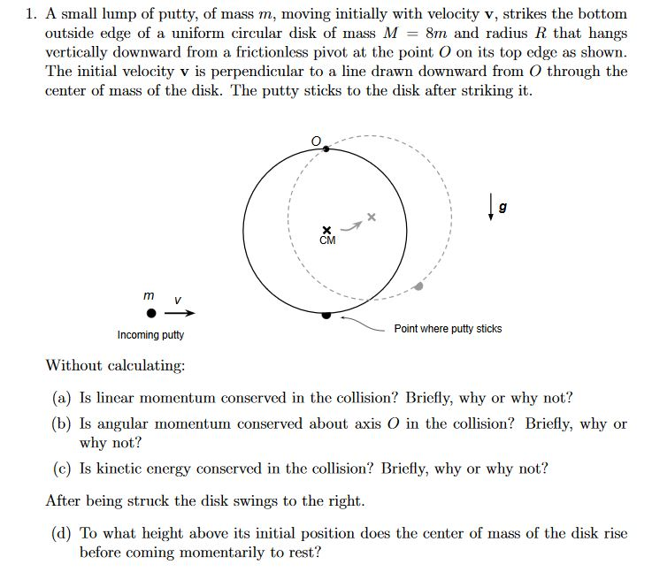 Solved 1. A small lump of putty, of mass m, moving initially | Chegg.com