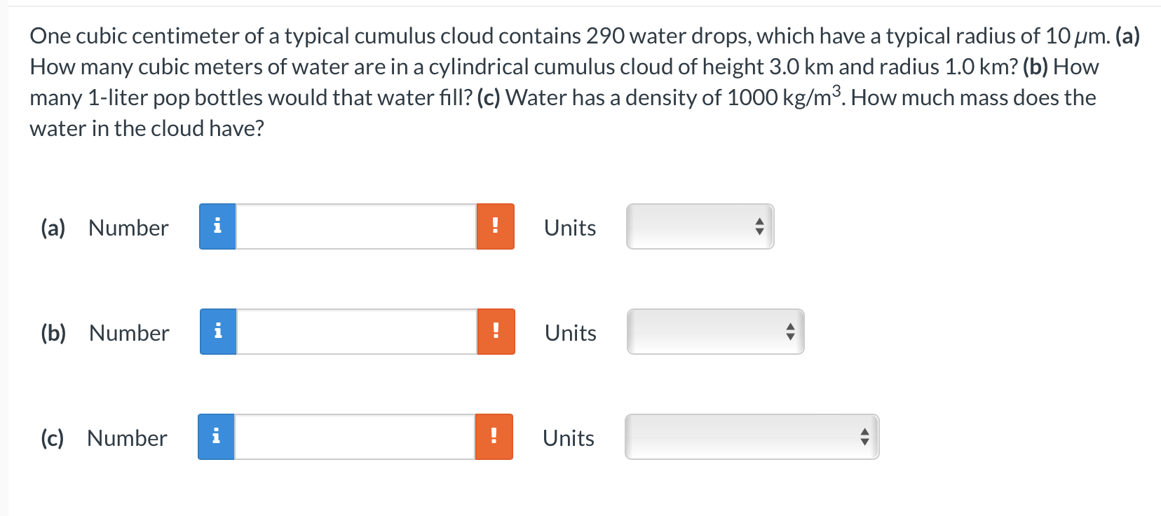 Solved One cubic centimeter of a typical cumulus cloud | Chegg.com