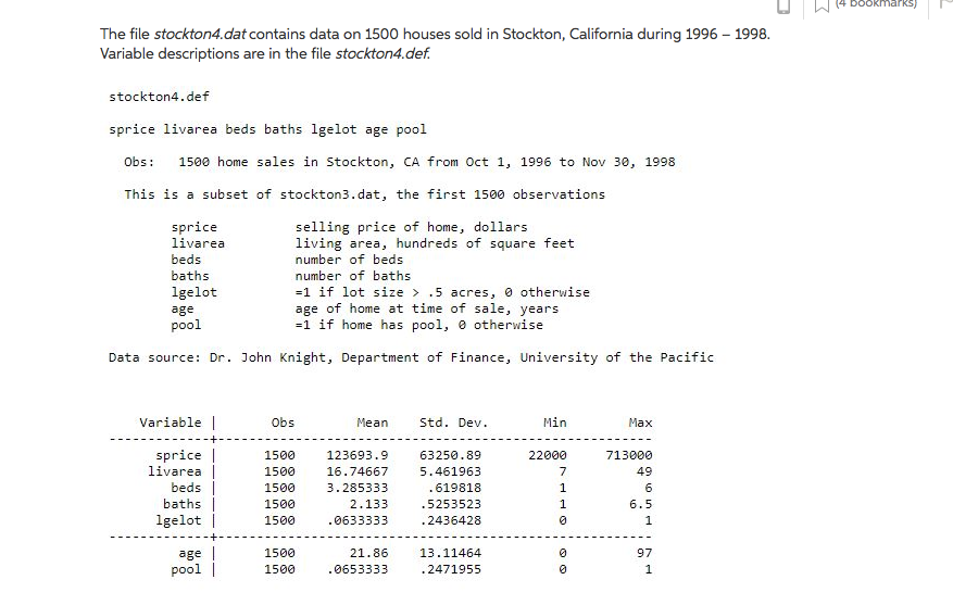 14 Bookmarks) The file stockton4.dat contains data on | Chegg.com