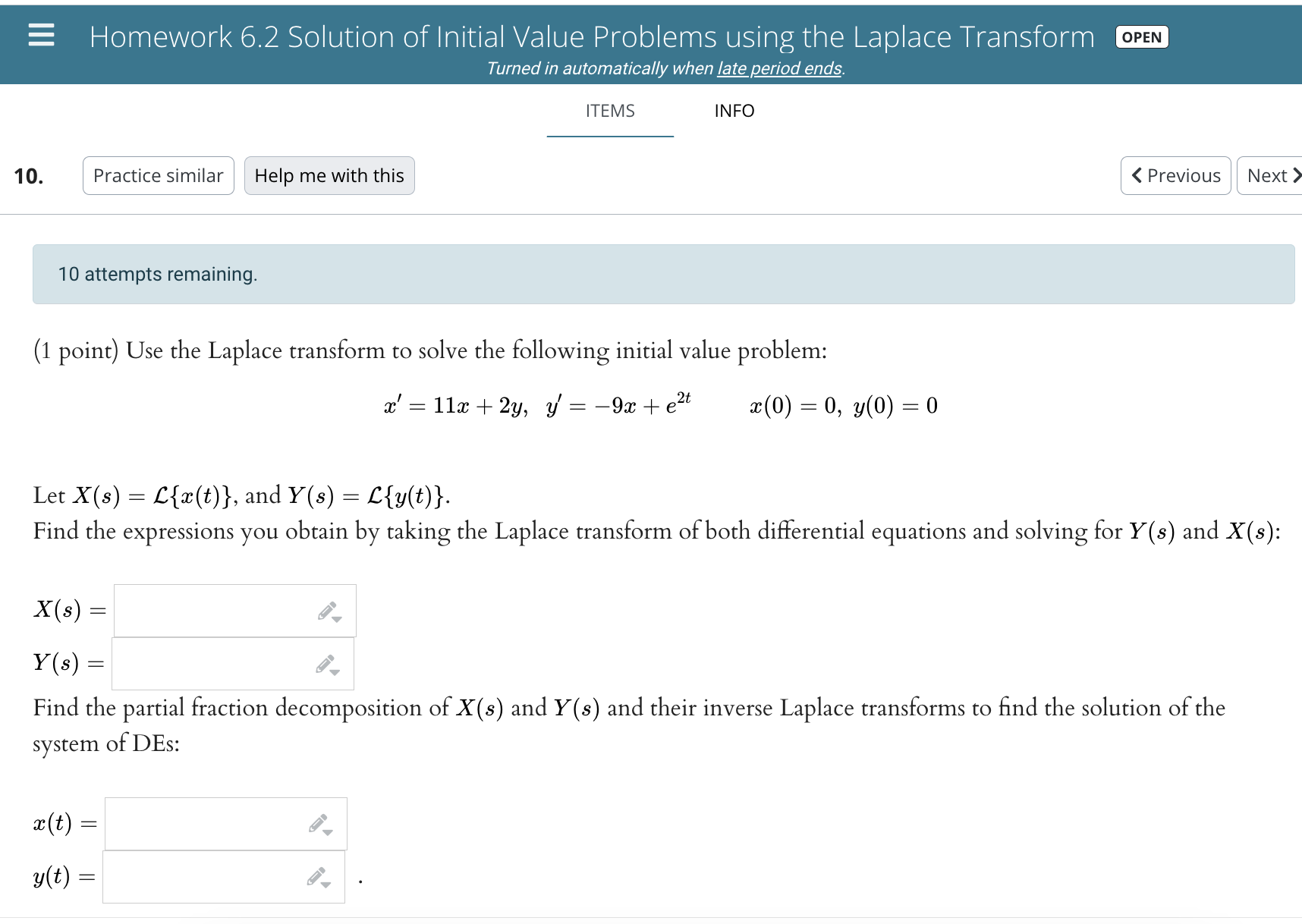 Solved 10 attempts remaining. (1 point) Use the Laplace | Chegg.com
