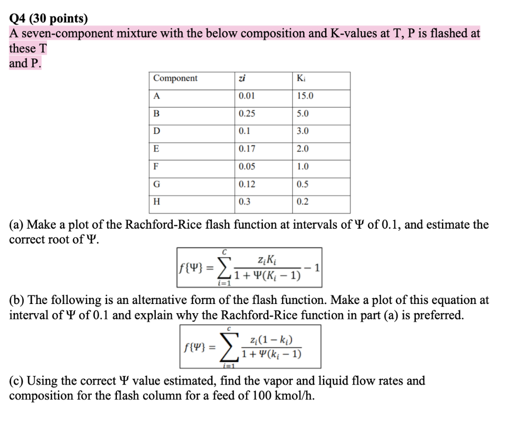 Solved Q4 (30 points) A seven-component mixture with the | Chegg.com
