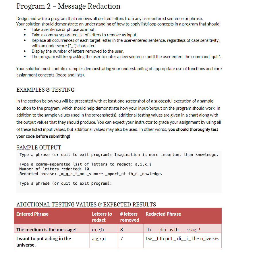 Solved Program 2 - Message Redaction Design and write a | Chegg.com