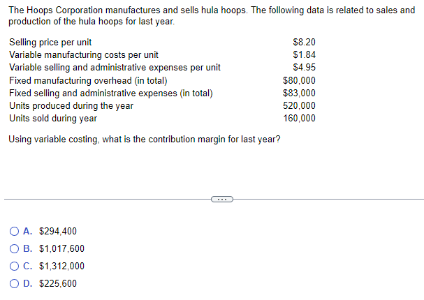 Solved The Hoops Corporation manufactures and sells hula | Chegg.com