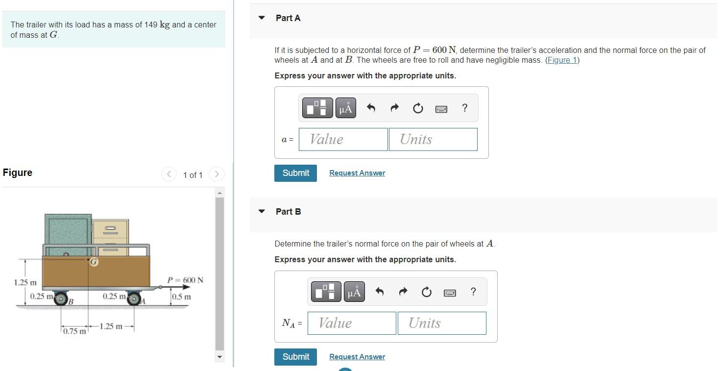Solved The trailer with its load has a mass of 149 kg and a | Chegg.com