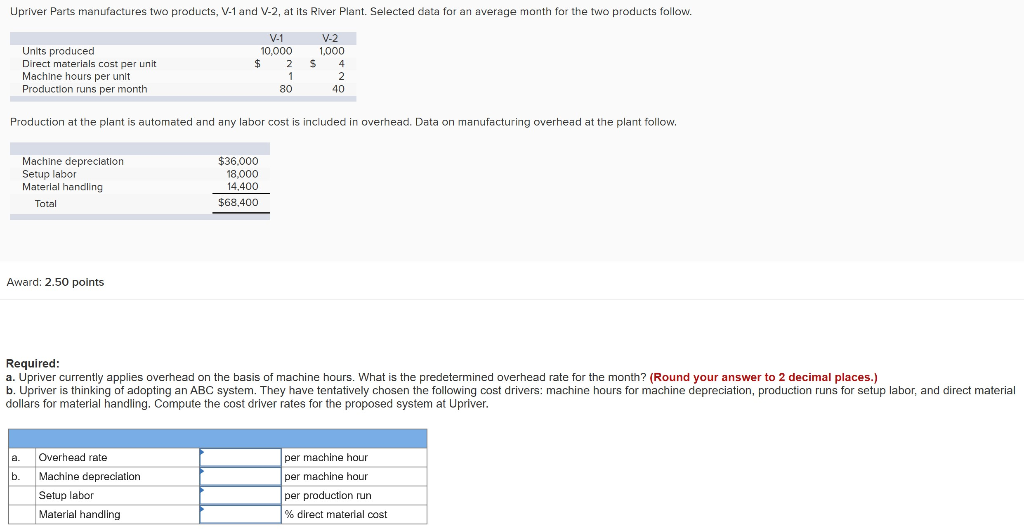 Solved Upriver Parts manufactures two products, V-1 and V-2, | Chegg.com