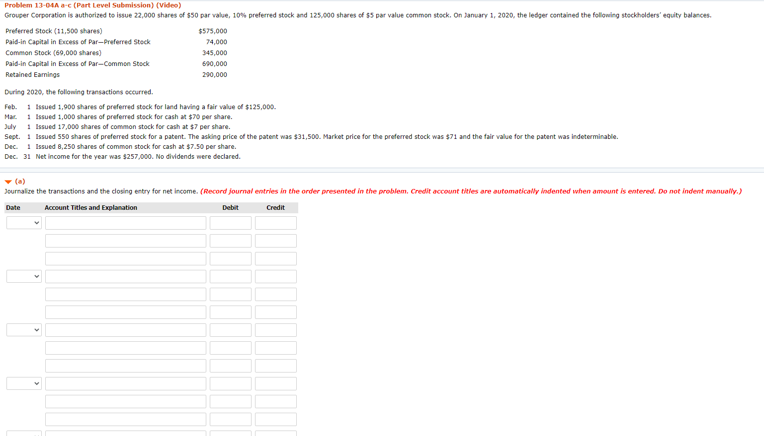 Solved Problem 13-04A a-c (Part Level Submission) (Video) | Chegg.com