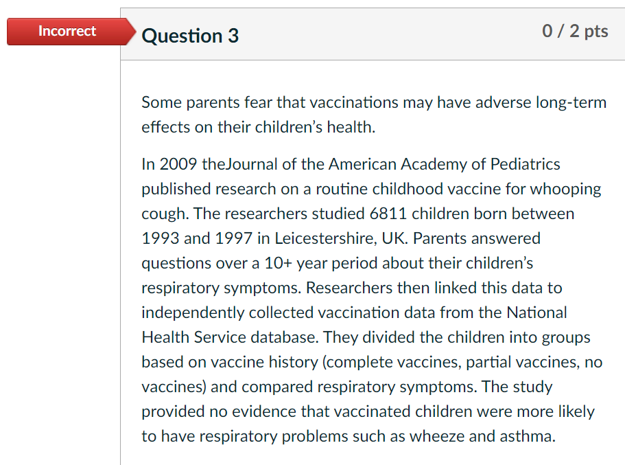 Solved Incorrect Question 3 0/2 pts Some parents fear that | Chegg.com Solved Incorrect Question 3 0/2 pts Some parents fear that | Chegg.com