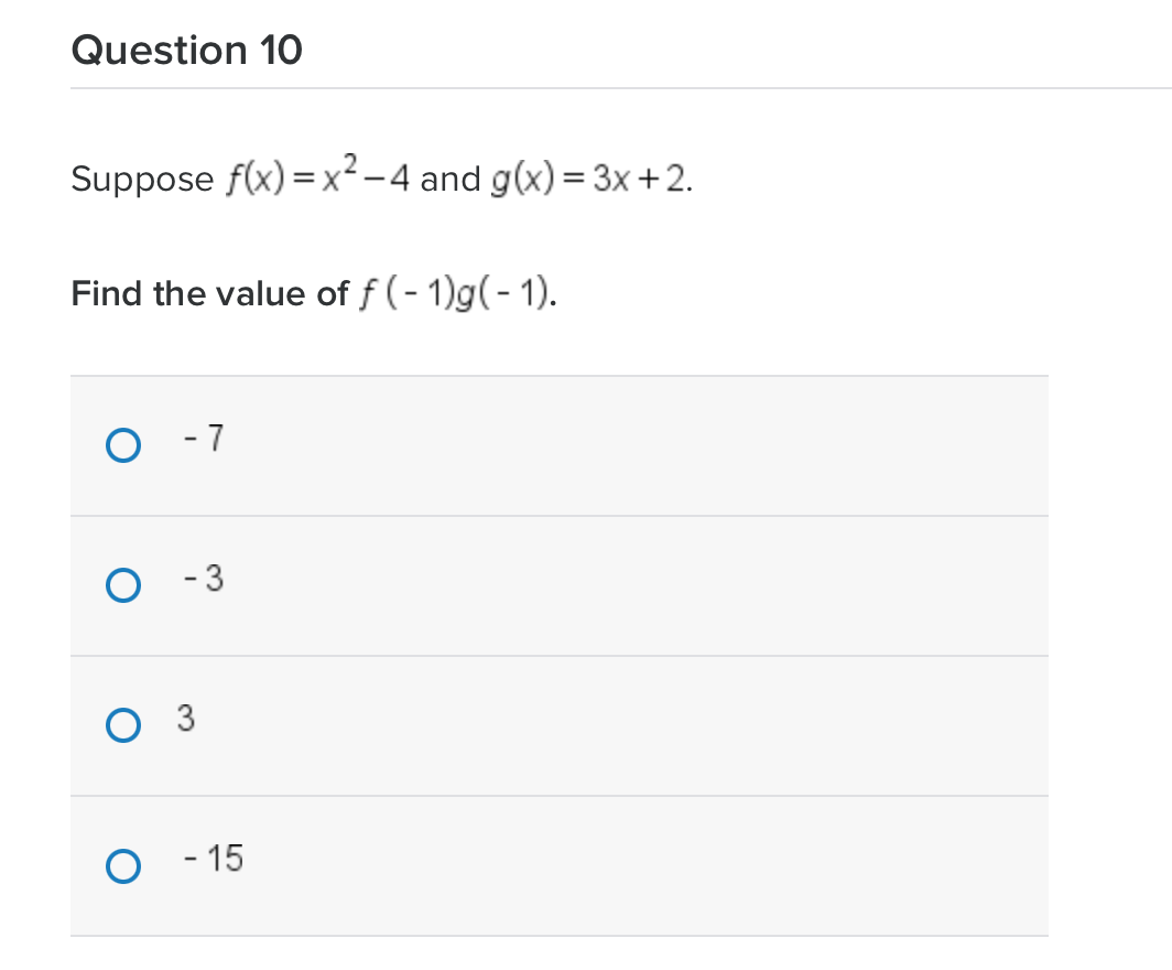 Solved Question 10 Suppose f(x)=x2-4 and g(x)=3x +2. Find | Chegg.com
