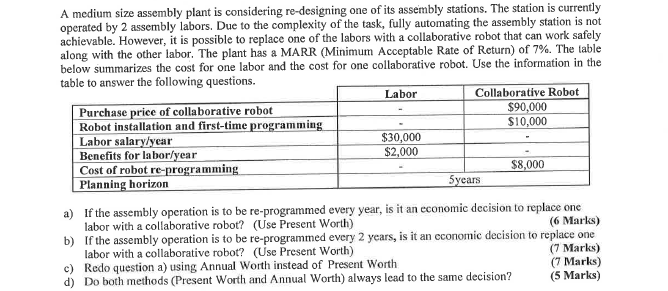 Solved A medium size assembly plant is considering | Chegg.com