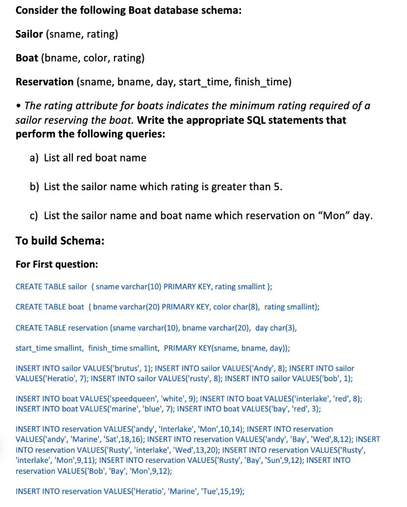 Solved Consider the following Boat database schema: Sailor | Chegg.com