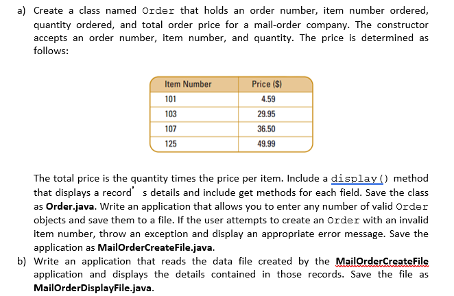 Solved a) Create a class named Order that holds an order | Chegg.com