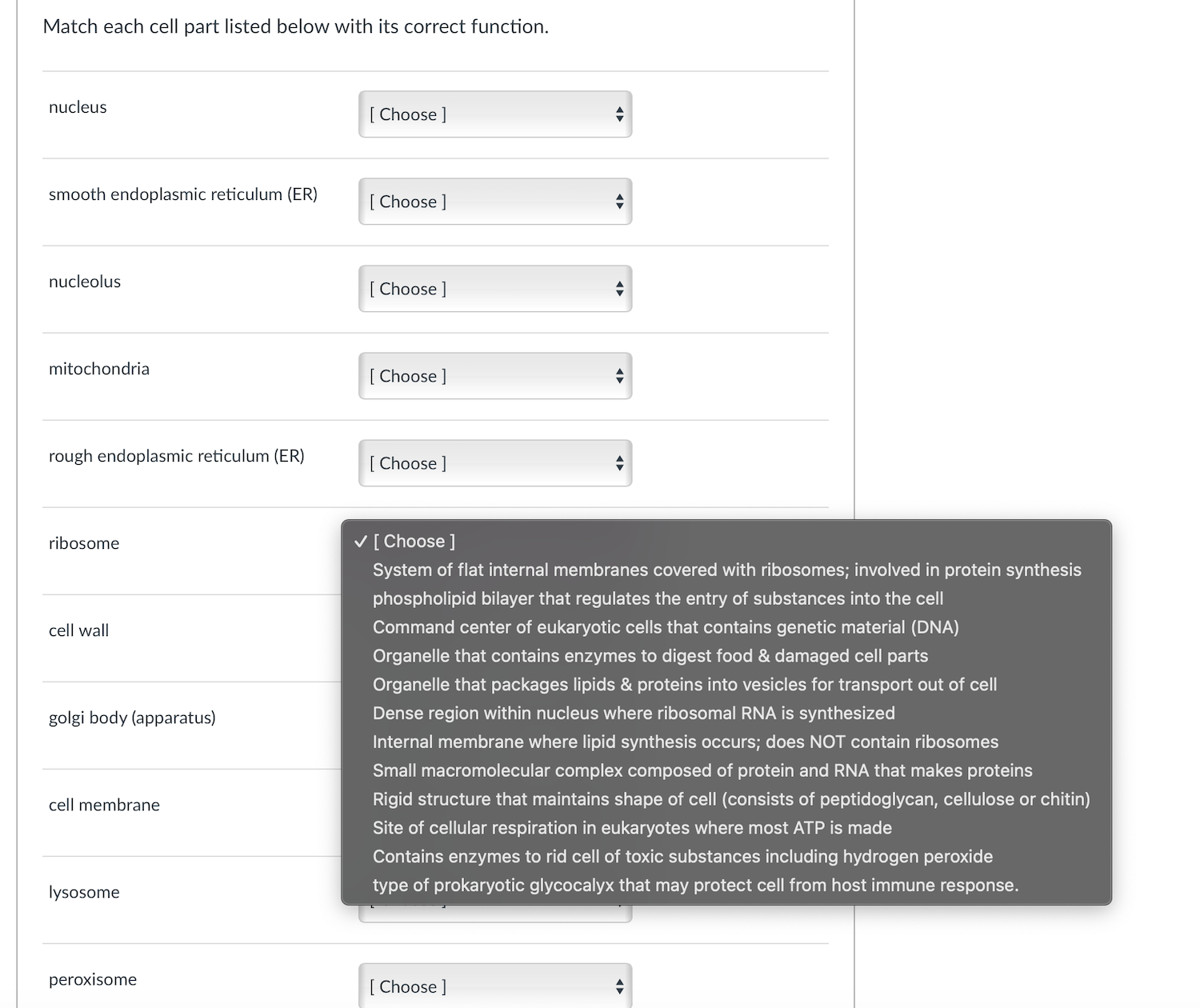 Solved Match each cell part listed below with its correct | Chegg.com