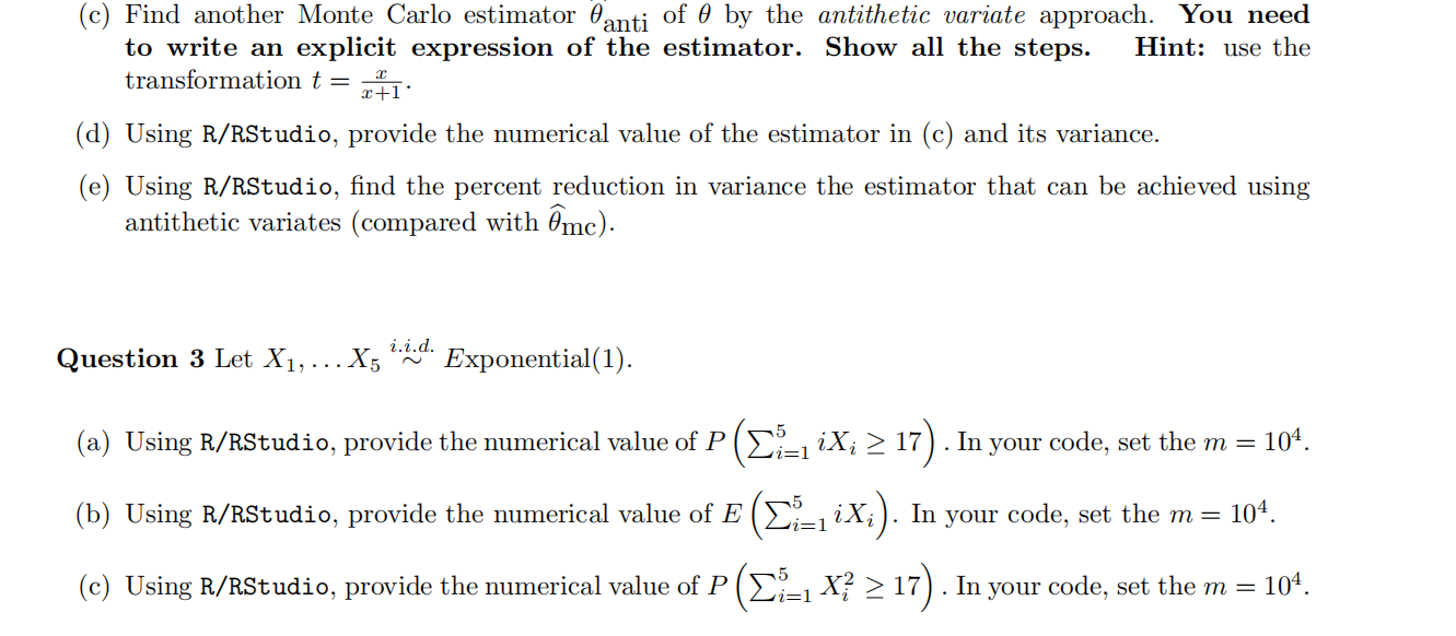For Monte Carlo estimation, set m= 104. = Question 1 | Chegg.com