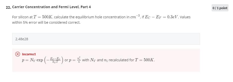 Solved 22. Question 22 Carrier Concentration and Fermi | Chegg.com