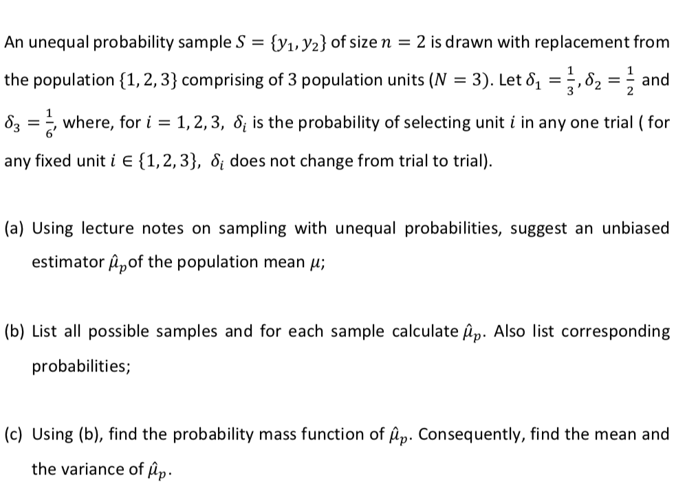 Solved An unequal probability sample S = {y1, y2} of size n | Chegg.com