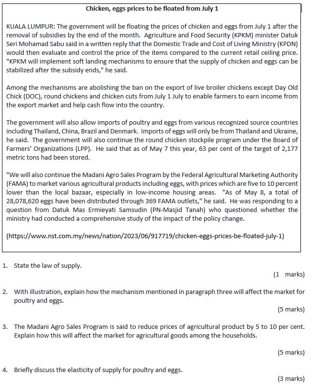 Solved Chicken, eggs prices to be floated from July 1KUALA | Chegg.com