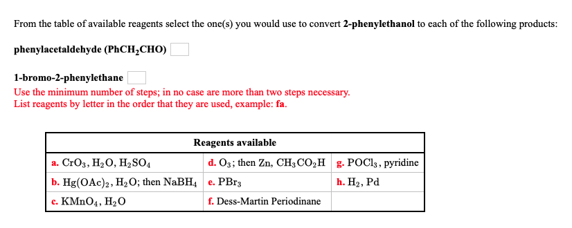 Solved From the table of available reagents select the | Chegg.com