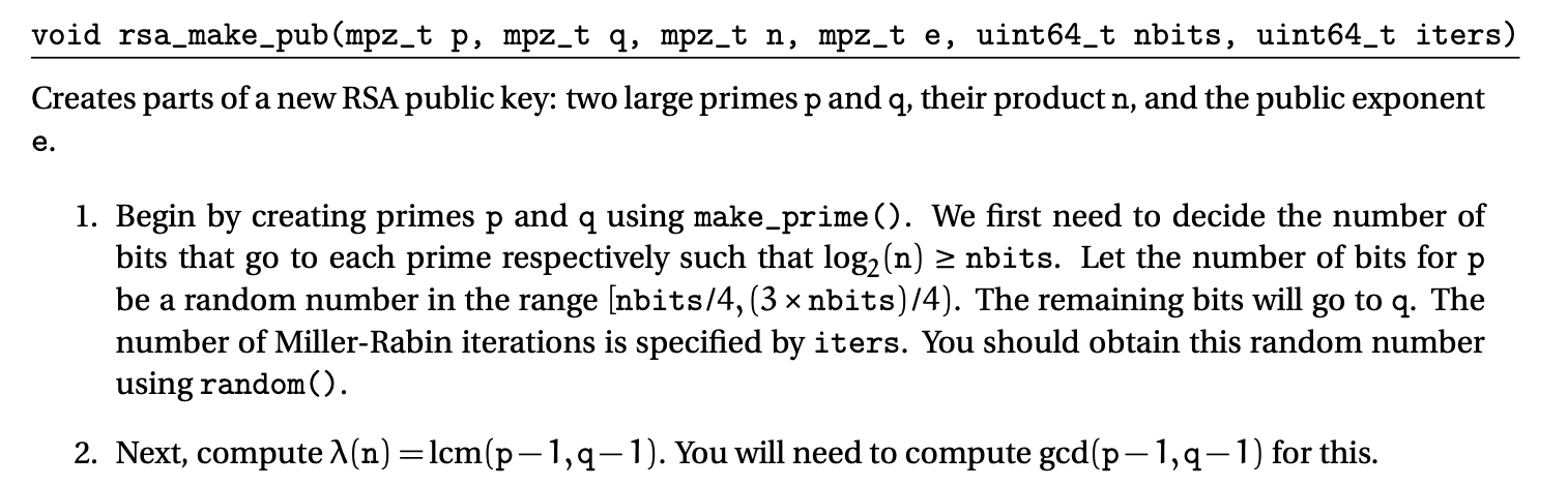 Creates parts of a new RSA public key: two large | Chegg.com