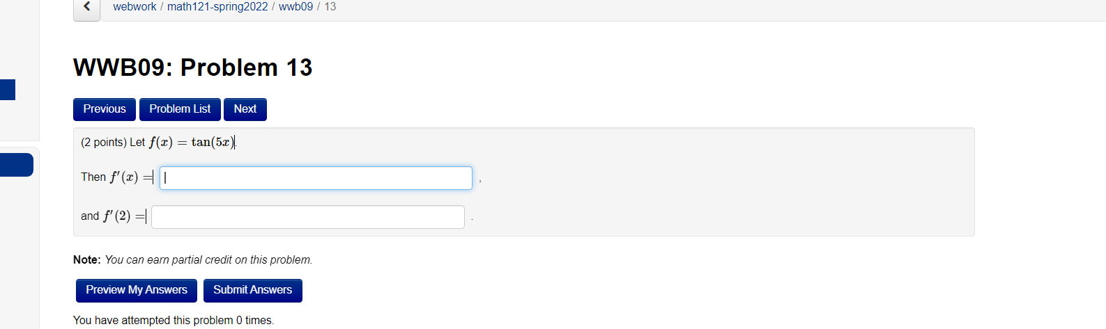Solved webwork / math121-spring2022 / wwb09 / 13 WWB09: | Chegg.com
