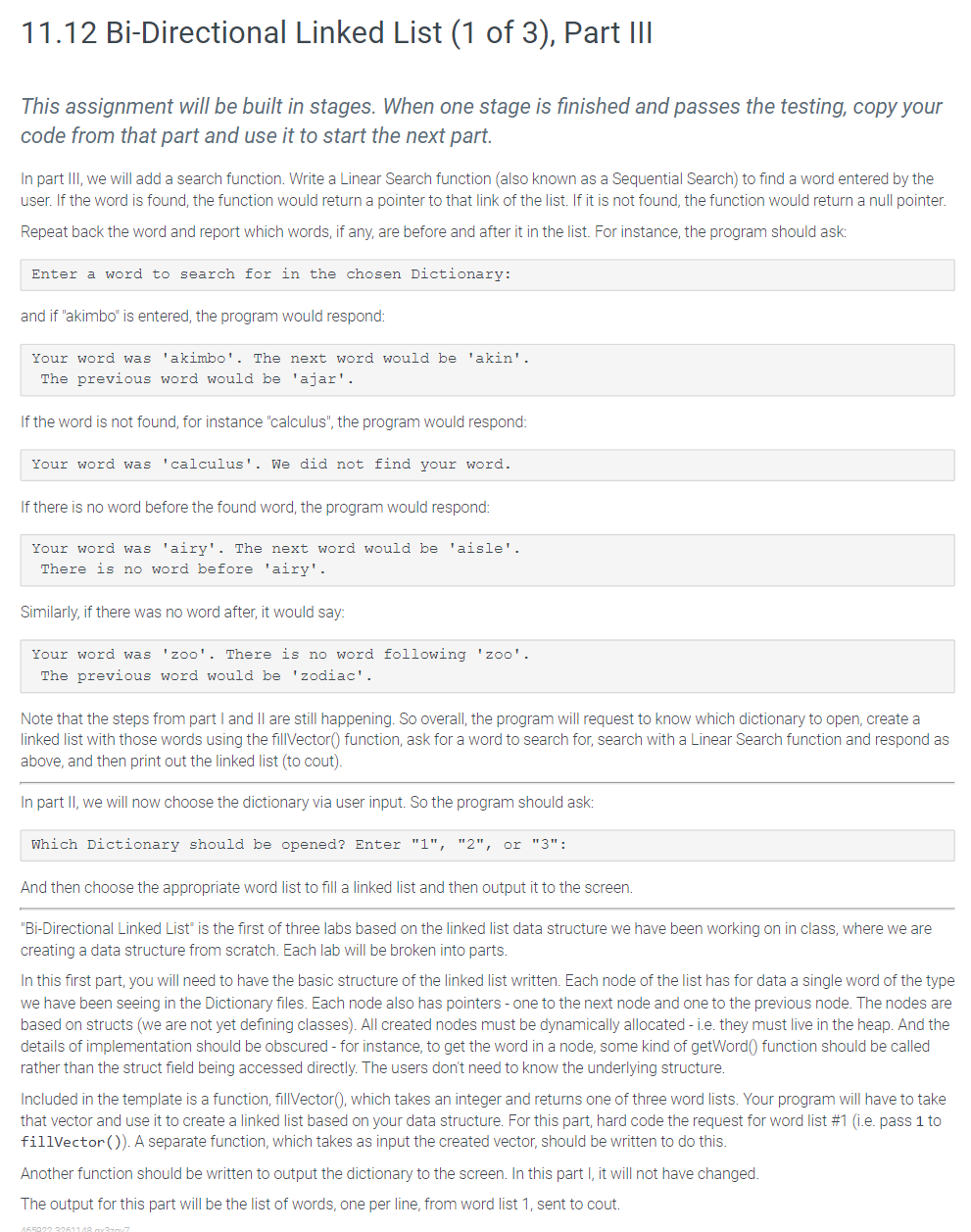 Solved 11.12 Bi-Directional Linked List (1 of 3), Part III | Chegg.com