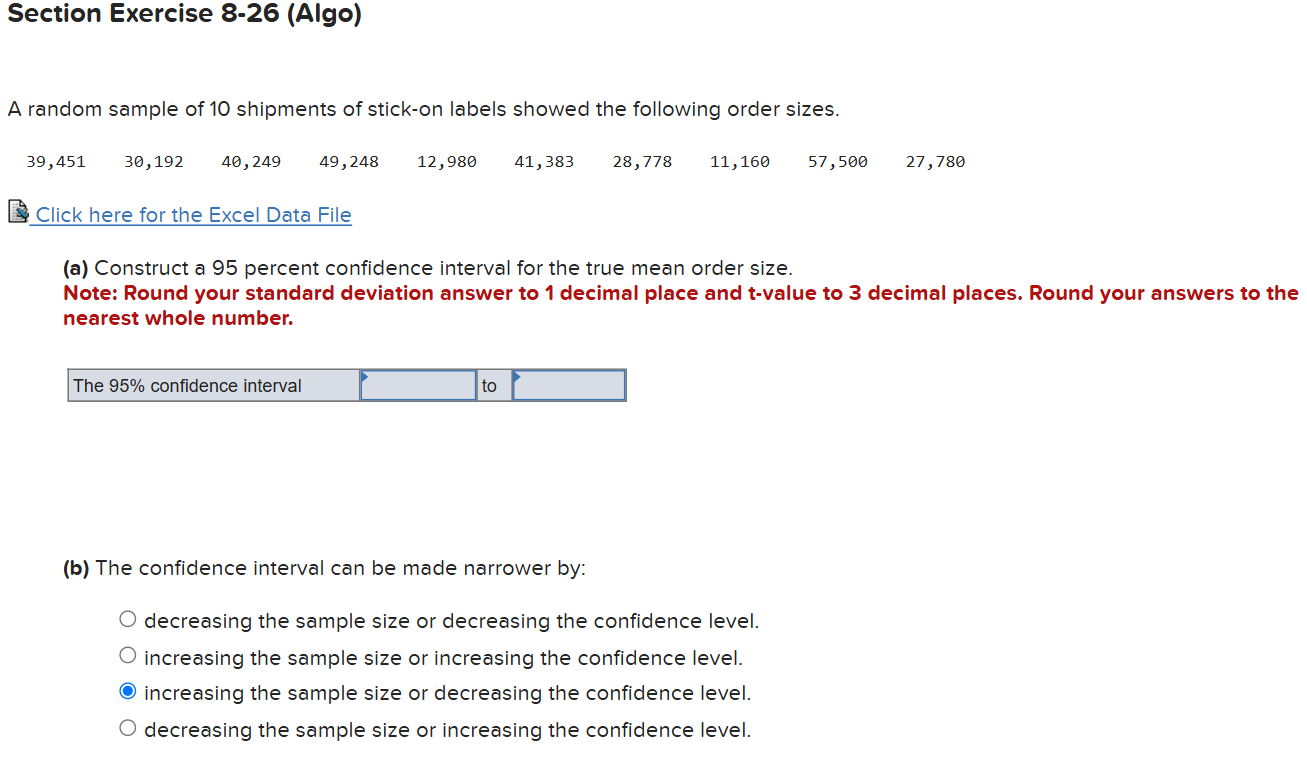 Solved by an EXPERT Section Exercise 8-26 (Algo)A random sample of 10 | Chegg.com