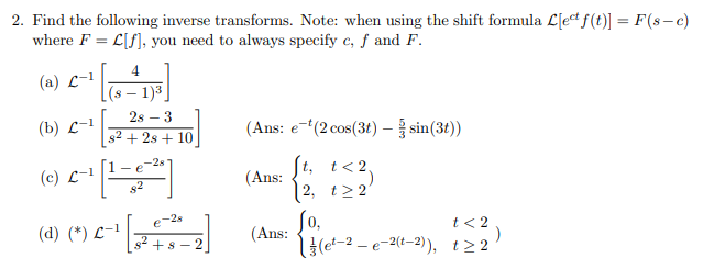 Solved (a) C-1 2. Find the following inverse transforms. | Chegg.com