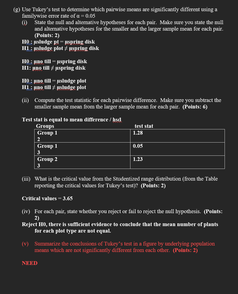 Solved (g) Use Tukey's test to determine which pairwise | Chegg.com