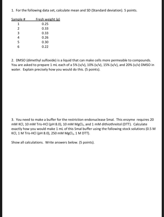 Solved 1. For the following data set, calculate mean and SD | Chegg.com