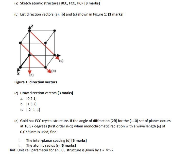Solved (a) Sketch atomic structures BCC, FCC, HCP [3 marks] | Chegg.com