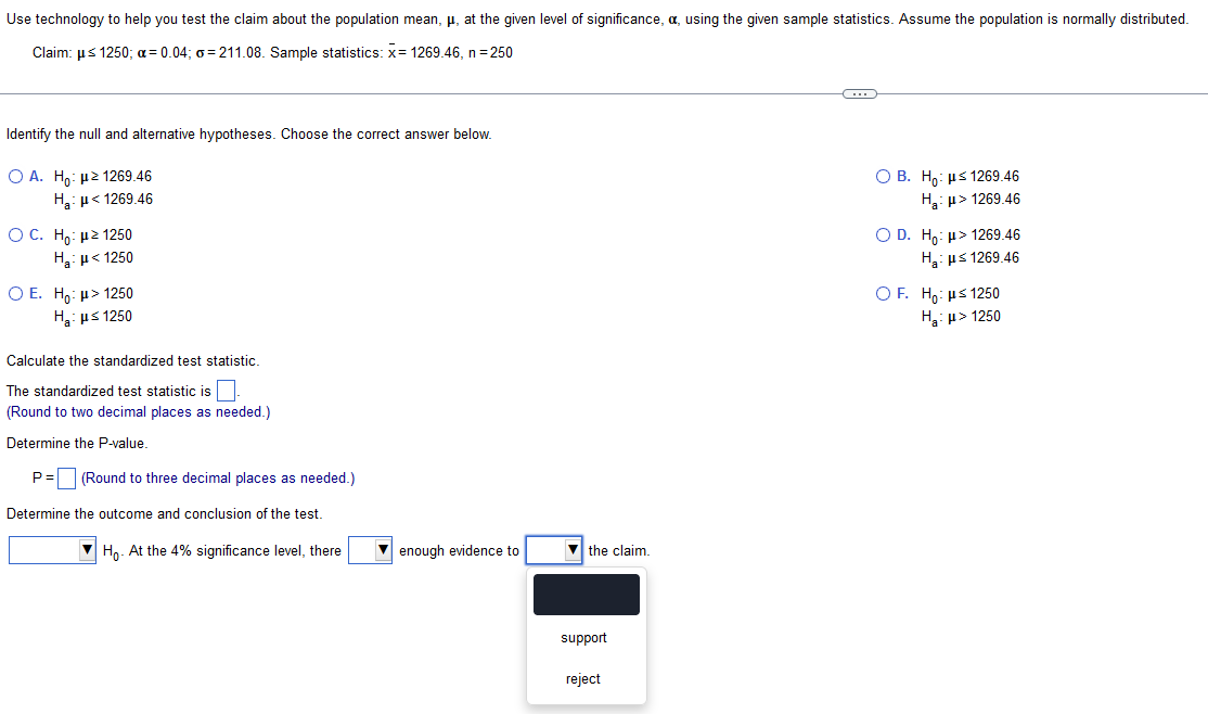 Solved Use technology to help you test the claim about the | Chegg.com