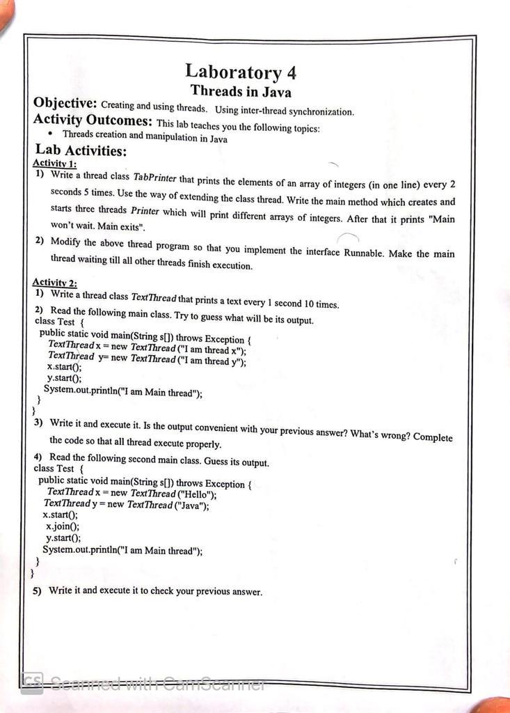 Solved Laboratory 4 Threads in Java Objective: Creating and | Chegg.com