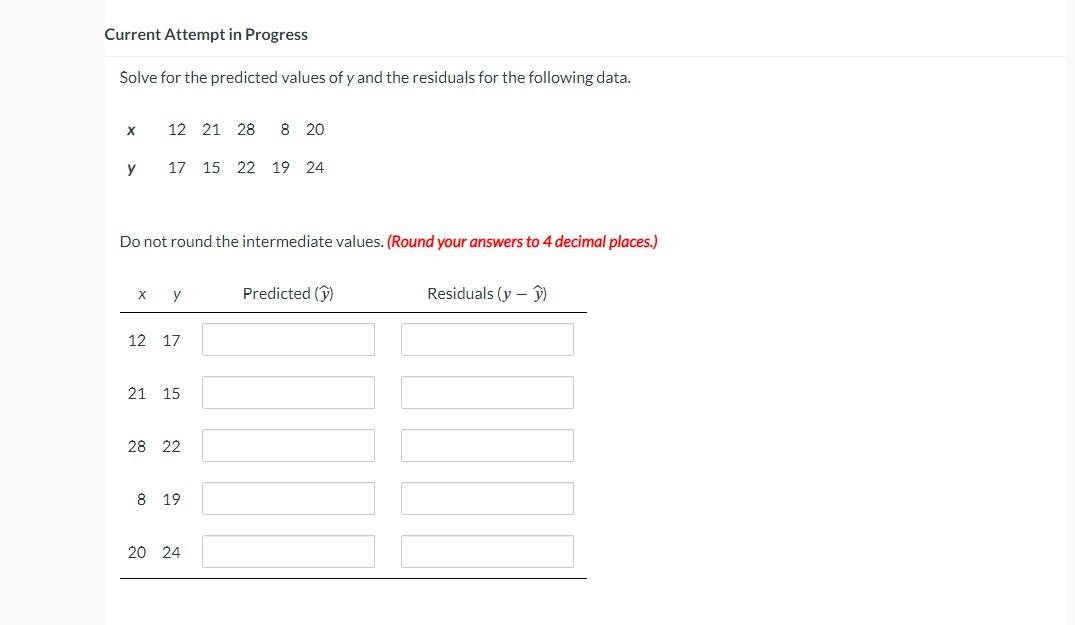 Solved Solve for the predicted values of y and the residuals | Chegg.com