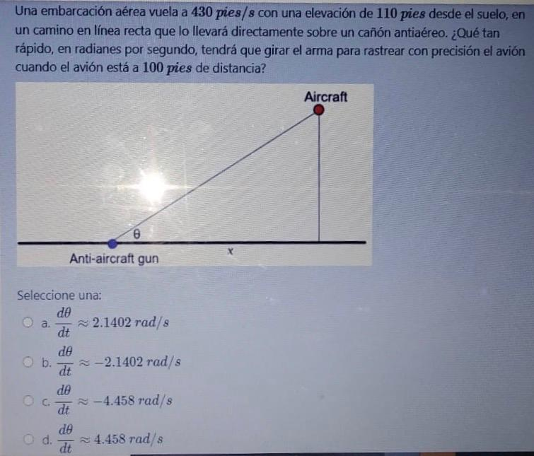 Solved An airplane flies at 430 ft/s at an elevation of 110 | Chegg.com