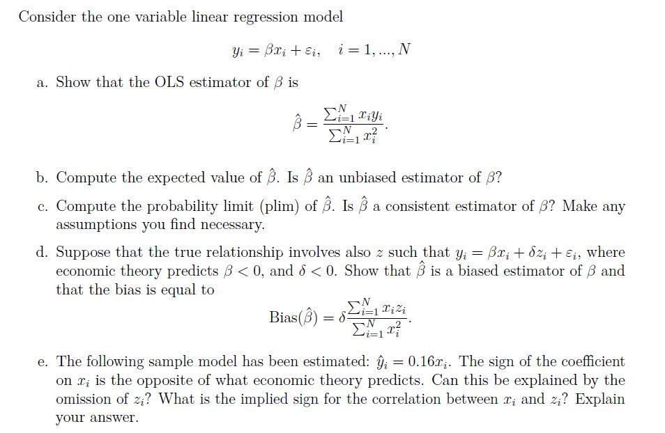 Consider the one variable linear regression model Yi | Chegg.com