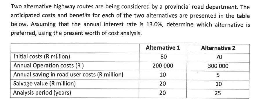 Solved Two alternative highway routes are being considered | Chegg.com