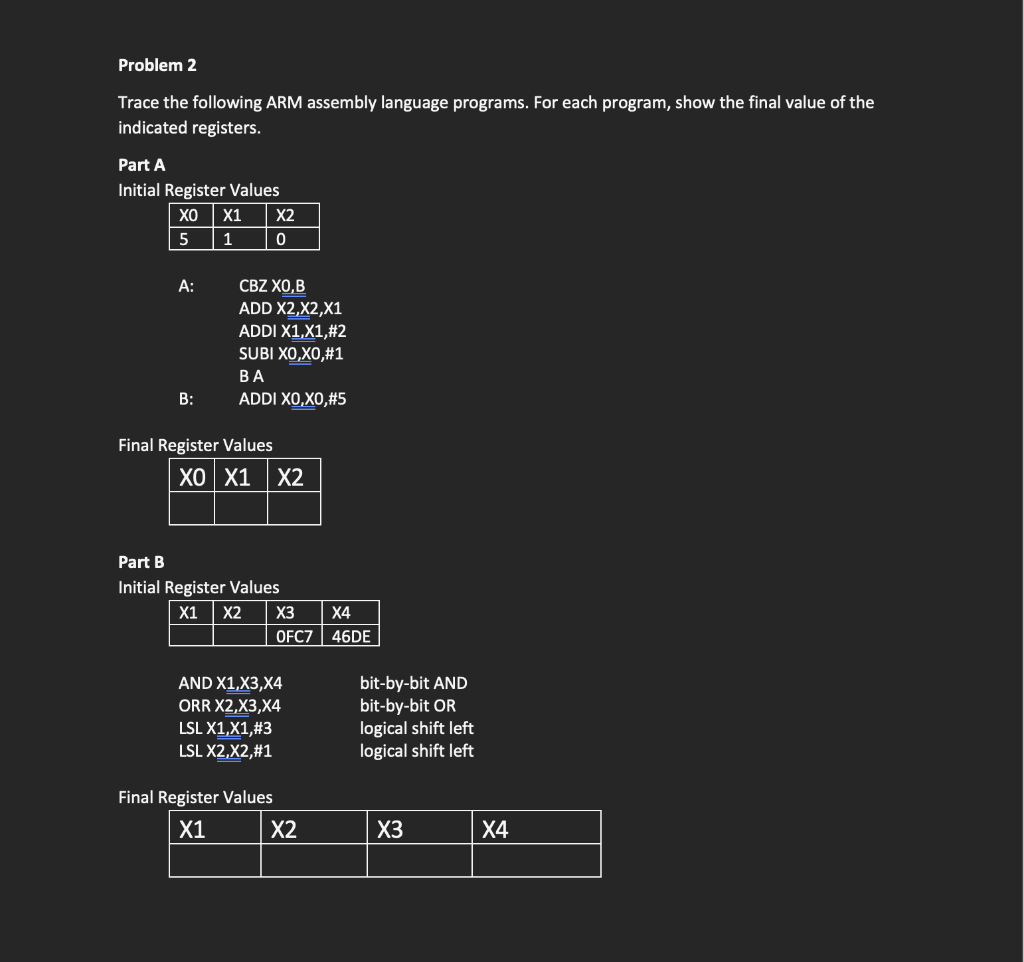 Solved Problem 2 Trace the following ARM assembly language | Chegg.com