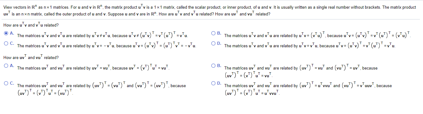Solved OA O C. OD View vectors in R" as nx 1 matrices. For u | Chegg.com