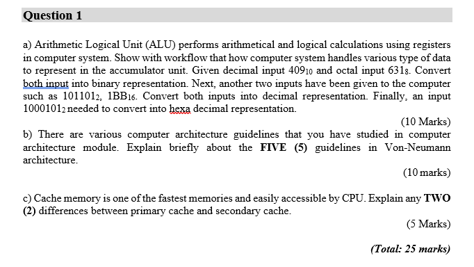 Solved Question 1 a) Arithmetic Logical Unit (ALU) performs | Chegg.com Solved Question 1 a) Arithmetic Logical Unit (ALU) performs | Chegg.com