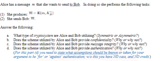Solved Alice has a message m that she wants to send to Bob. | Chegg.com