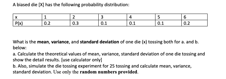 Solved A biased die [X] has the following probability | Chegg.com