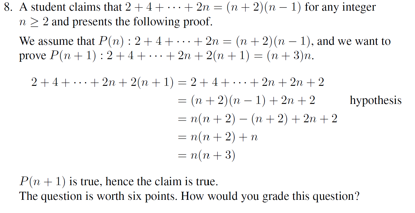 Solved A student claims that 2+4+⋯+2n=(n+2)(n−1) for any | Chegg.com