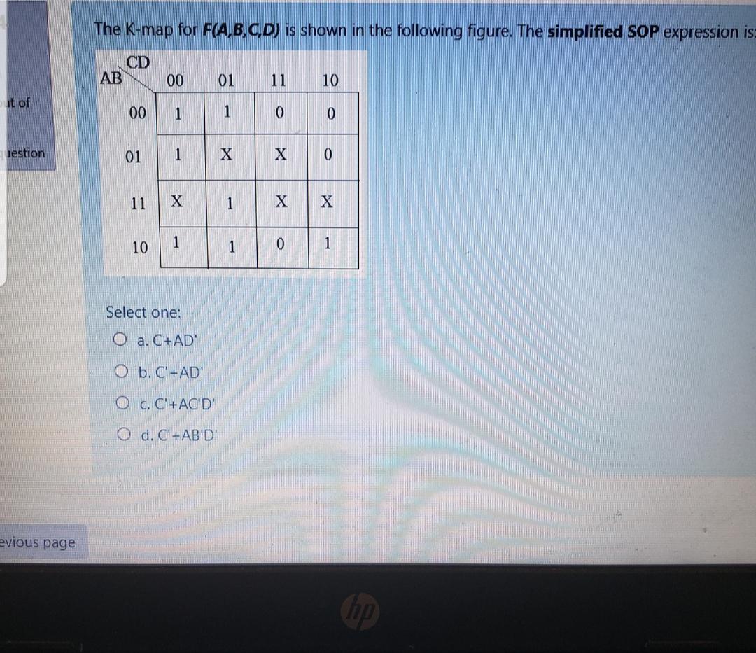 Solved The K-map for F(A,B,C,D) is shown in the following | Chegg.com