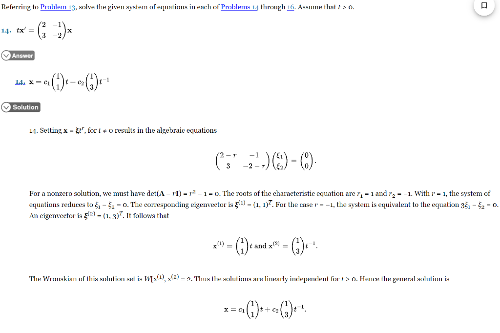 Solved tx′=(23−1−2)x 14. x=c1(11)t+c2(13)t−1 14. Setting | Chegg.com