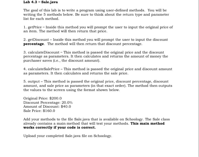 Solved Lab 4.3 - Sale.java The goal of this lab is to write | Chegg.com