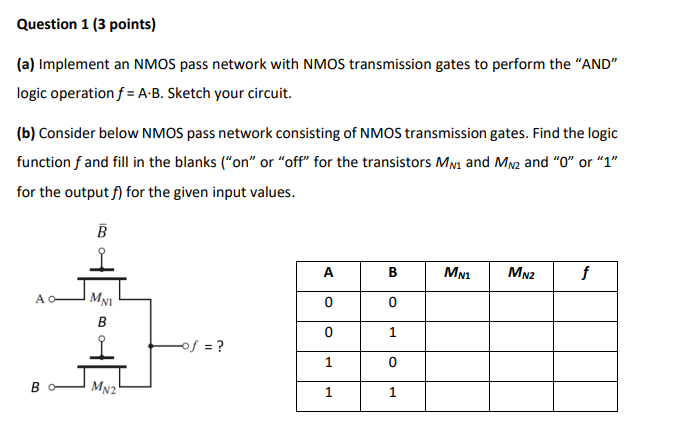 Solved Question 1 (3 points) (a) Implement an NMOS pass | Chegg.com