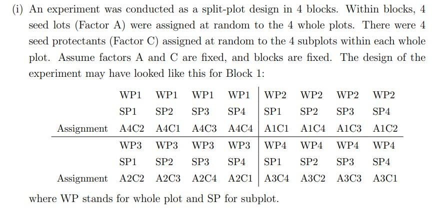 Solved (i) An experiment was conducted as a split-plot | Chegg.com