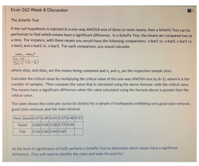 Solved Econ 262 Week 8 Discussion The Scheffe Test If the | Chegg.com
